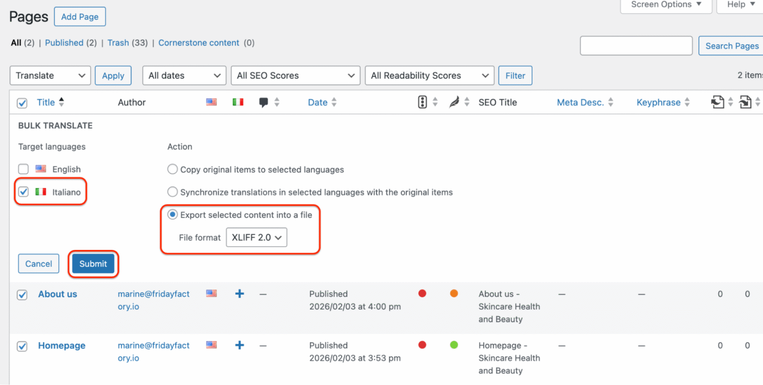 Export & Import Translations with XLIFF in Polylang Pro